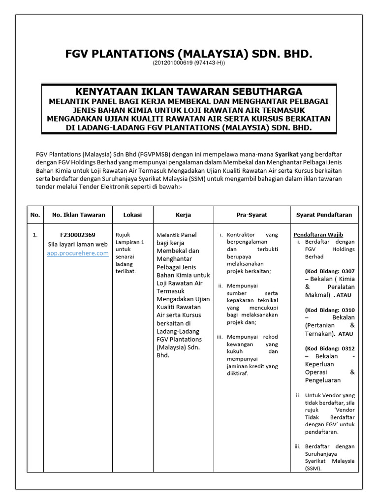 Iklan Tawaran Sebutharga Bahan Kimia Untuk Loji Rawatan Air | PDF