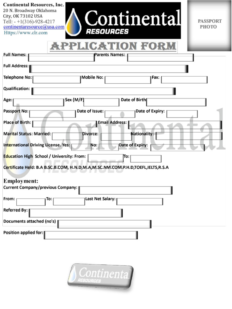 Continental Resources Application Form | PDF
