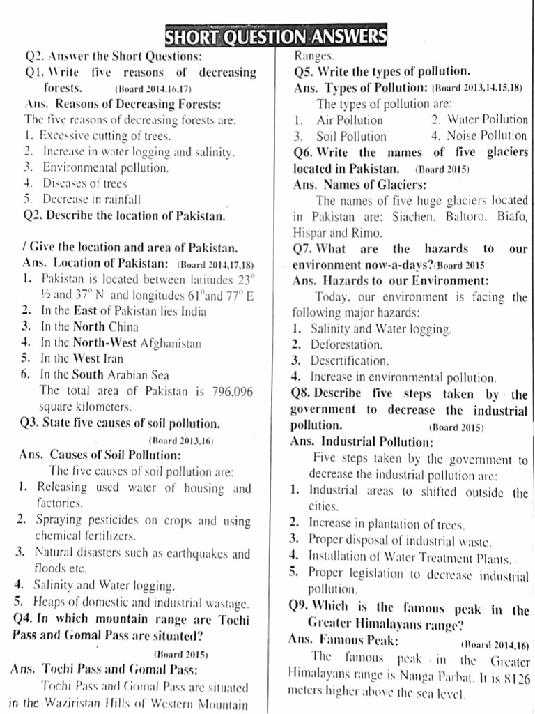 9th Class Pak Studies Chaptr 3 Short Questions | PDF