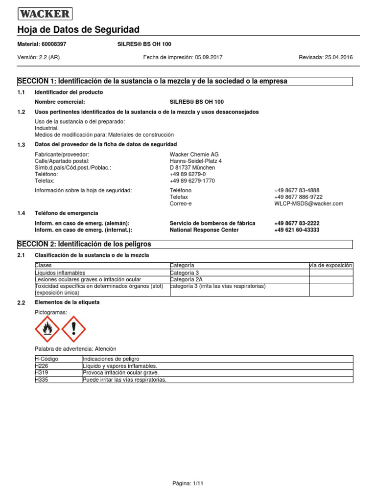 Wacker OH 100 Ficha Seguridad | PDF | Agua | Ciencias fisicas