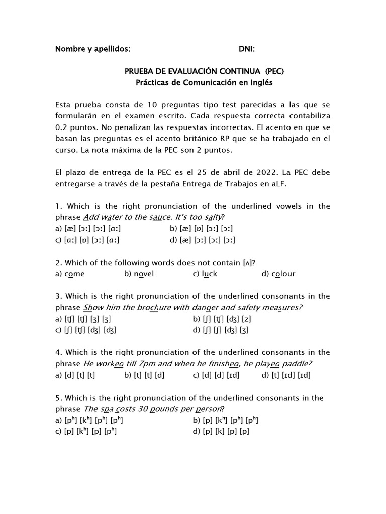 PEC 2022 PCInglés | PDF | Stress (Linguistics) | Semantics
