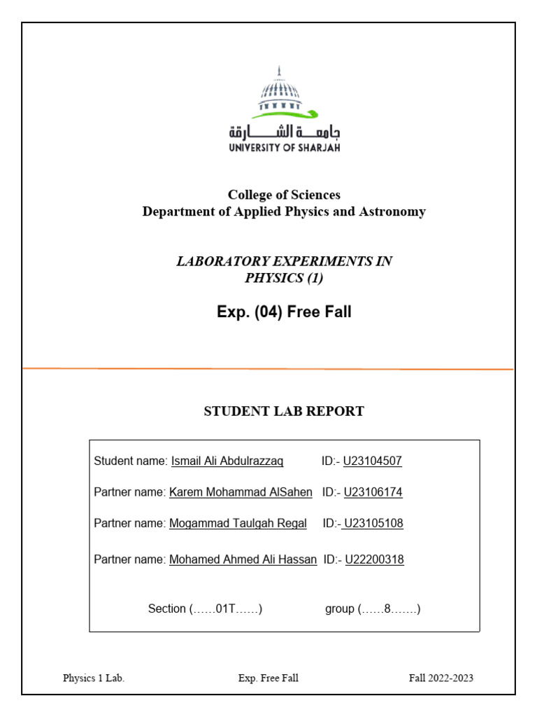 Exp (04) - Free Fall-Lab Report | Download Free PDF | Velocity | Acceleration