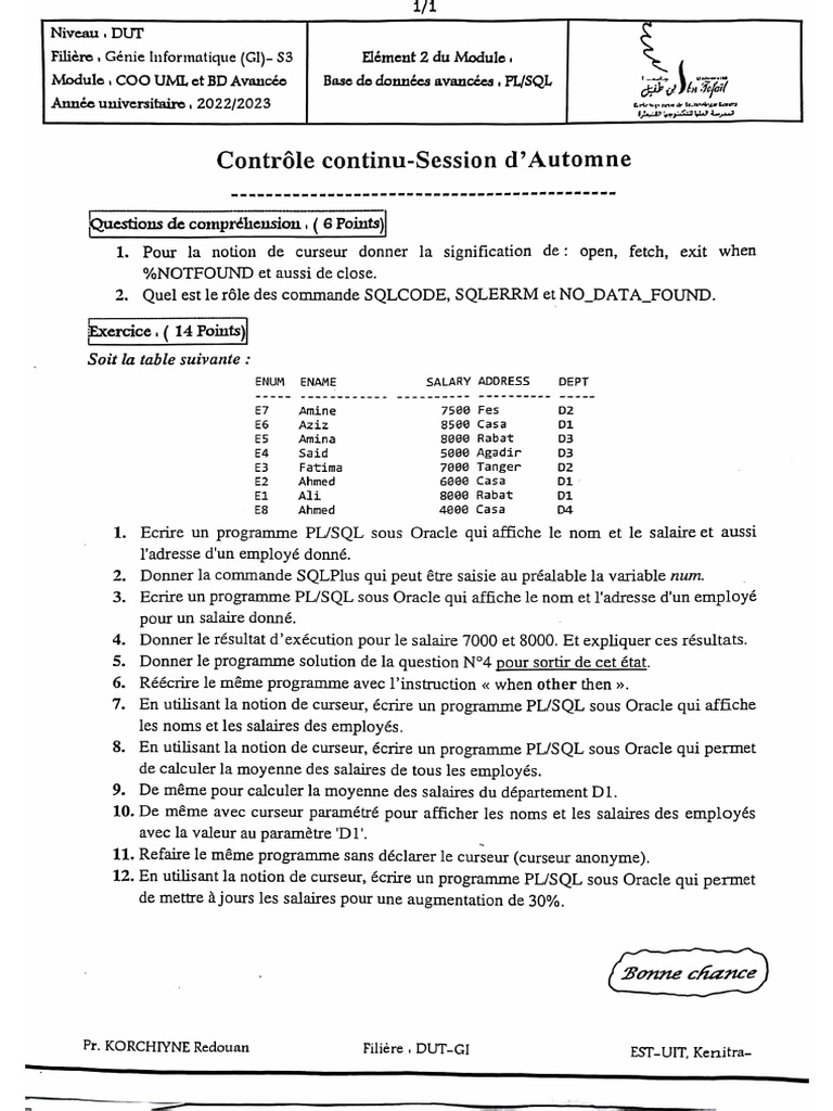 Contrôle PL - SQL | PDF