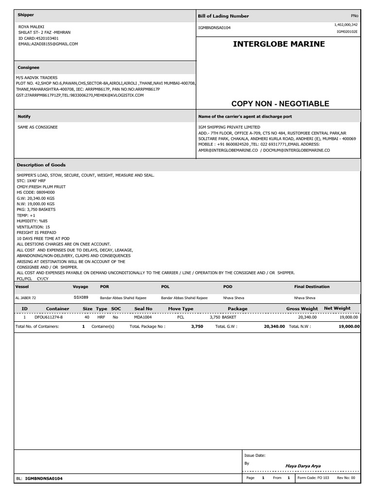 Interglobe Marine: Copy Non - Negotiable | Download Free PDF | Legal ...