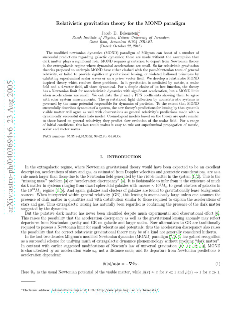 Relativistic Gravitation Theory For The MOND Paradigm | PDF | General ...