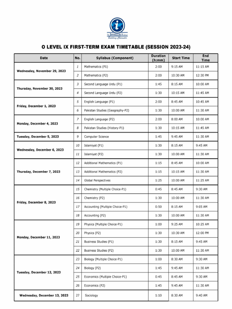 O Level First Term Timetable | PDF