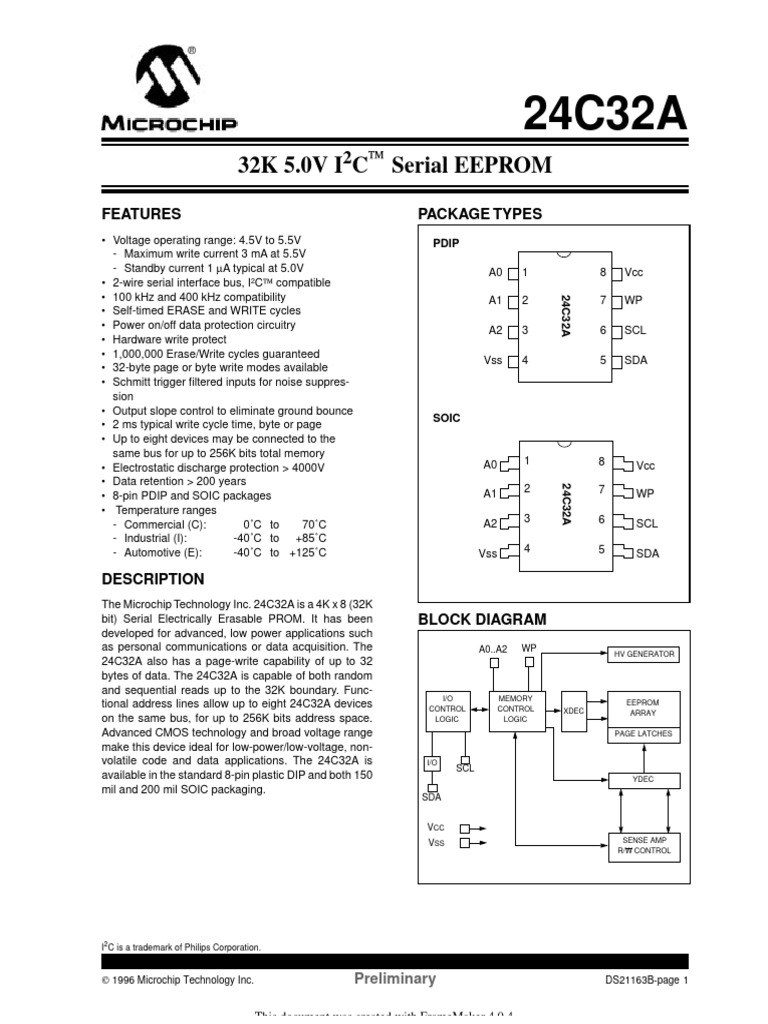 24C32A EEPROM Datasheet Overview | PDF | Bit | Pointer (Computer Programming)