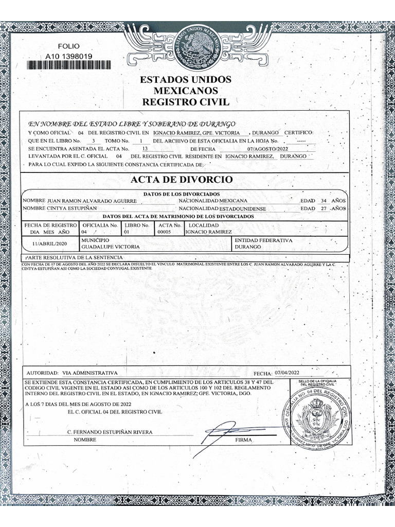 Acta de Divorcio 1 | PDF
