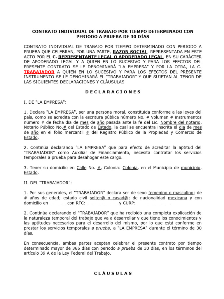 CONTRATO LABORAL PERIODO DE PRUEBA 30 DIAS | PDF | Salario | Business