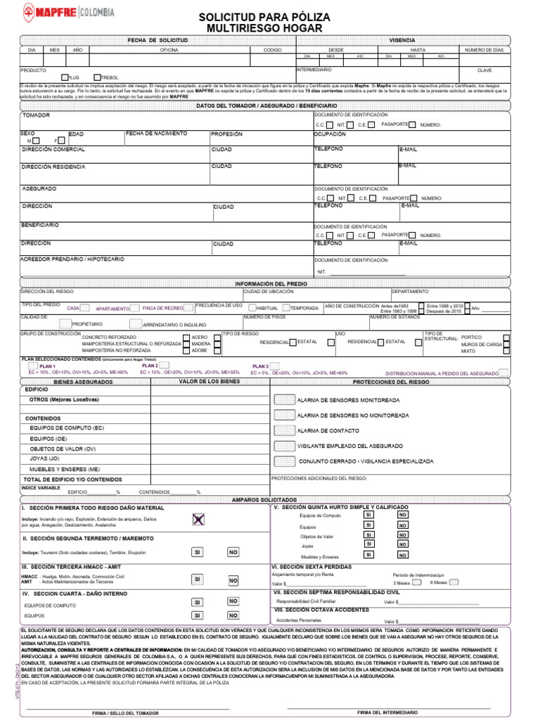 Solicitud Multiriesgo Hogar | PDF | Póliza de seguros | Bancos