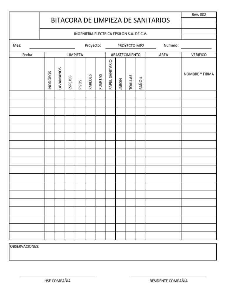 Bitácora De Limpieza Sanitarios Mp2 Pdf