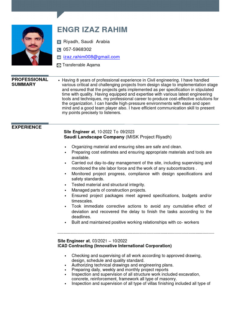 Izaz Site Engr OD CV | Download Free PDF | Concrete | Specification (Technical Standard)