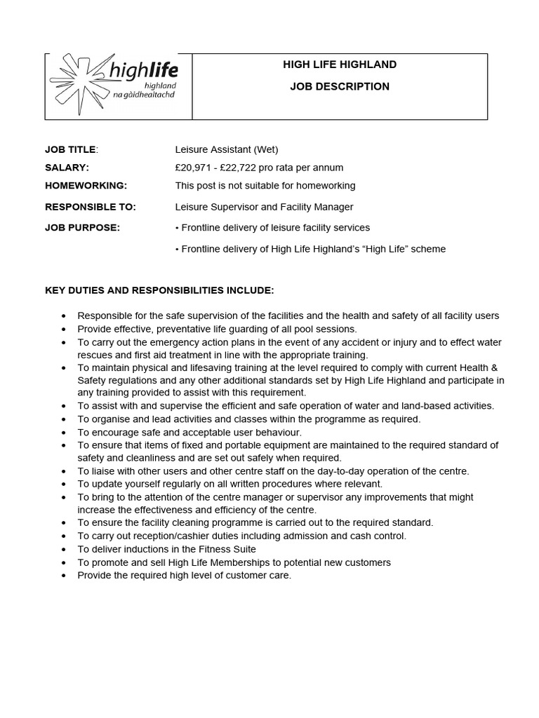 Leisure Assistant Job at High Life Highland | PDF | Finance & Money ...