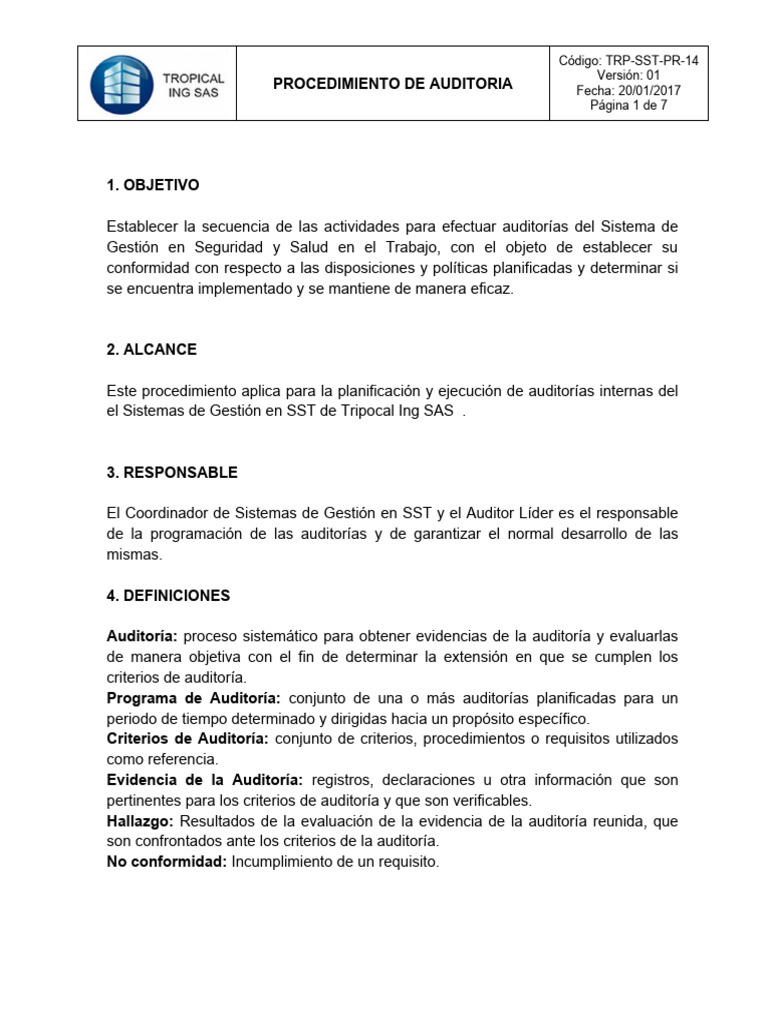 Procedimiento Auditoria TRP SST PR 14 | PDF | Auditoría | Contralor Procedimiento Auditoria TRP SST PR 14 | PDF | Auditoría | Contralor