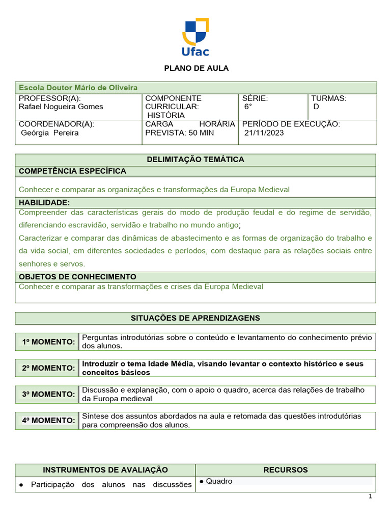Plano De Aula 6 Ano Pdf Servidão Pedagogia