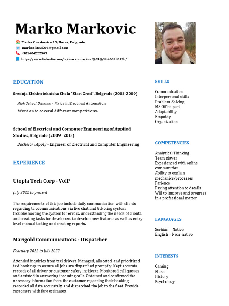CV - Marko Markovic | PDF | Electrical Engineering | Customer