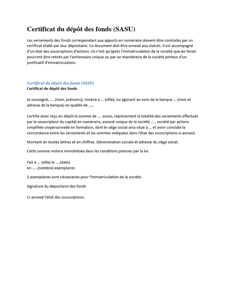 Certificat Du Dépôt Des Fonds (SASU) | PDF | Finance et gestion monétaire