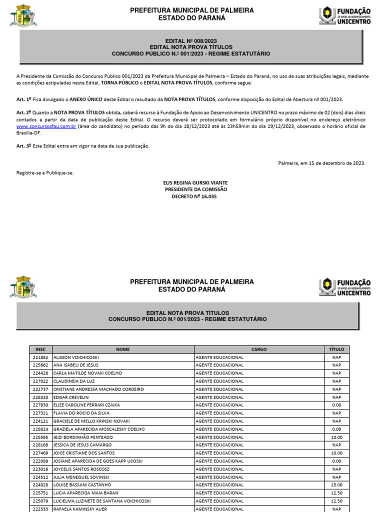 Edital Nota Prova Titulos - Palmeira | PDF | Engenharia