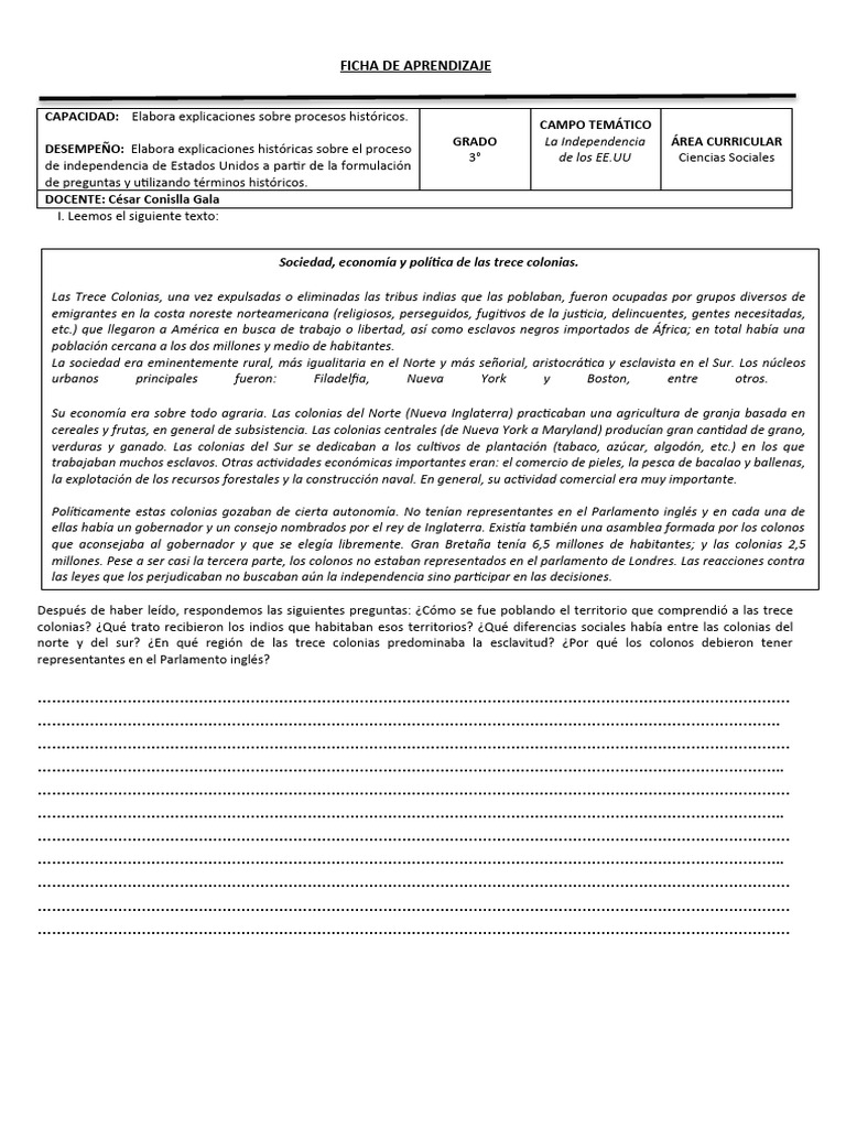 Hoja De Trabajo Para Estudiantes Sobre La Declaración De Independencia