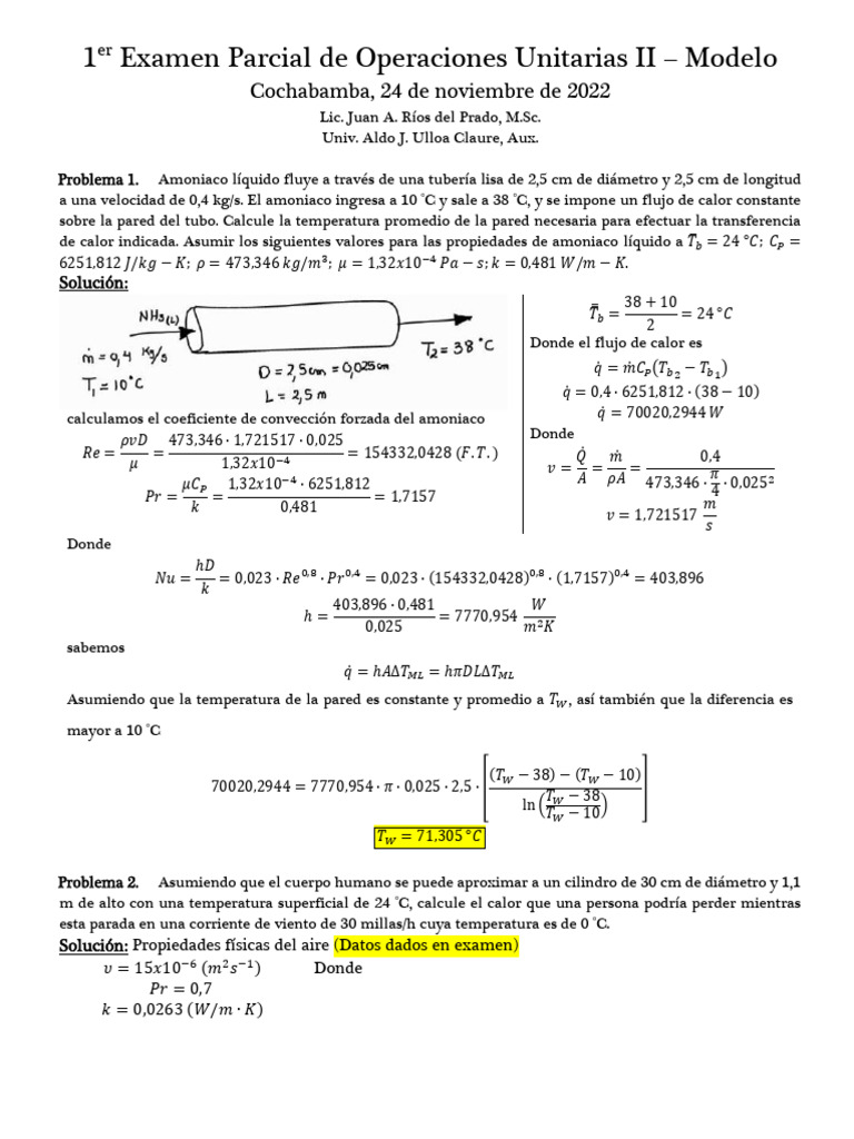 Examen 1er Parcial de Operaciones Unitarias II II-2022 | PDF | Calor | Capa límite