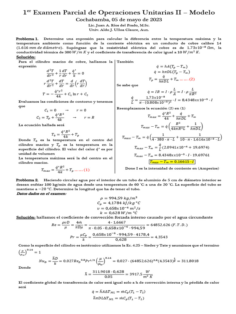 Examen 1er Parcial de Operaciones Unitarias II I-2023 | PDF | Convección | Temperatura