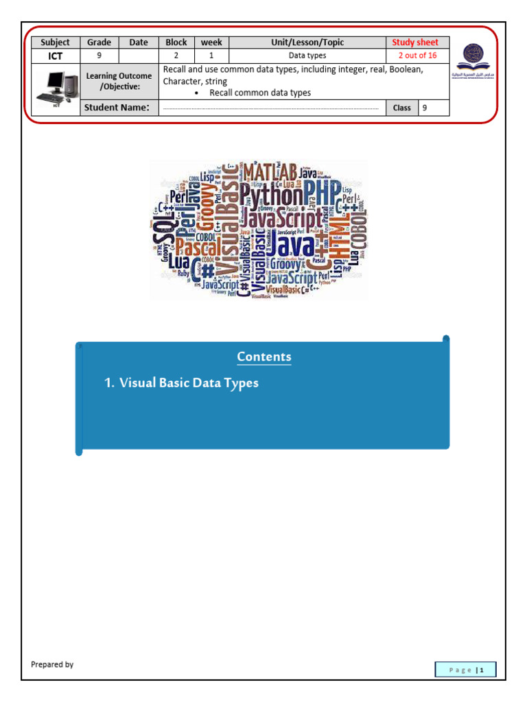 G9 - Block 2 - Week 1 - WS2 - Data Types | PDF