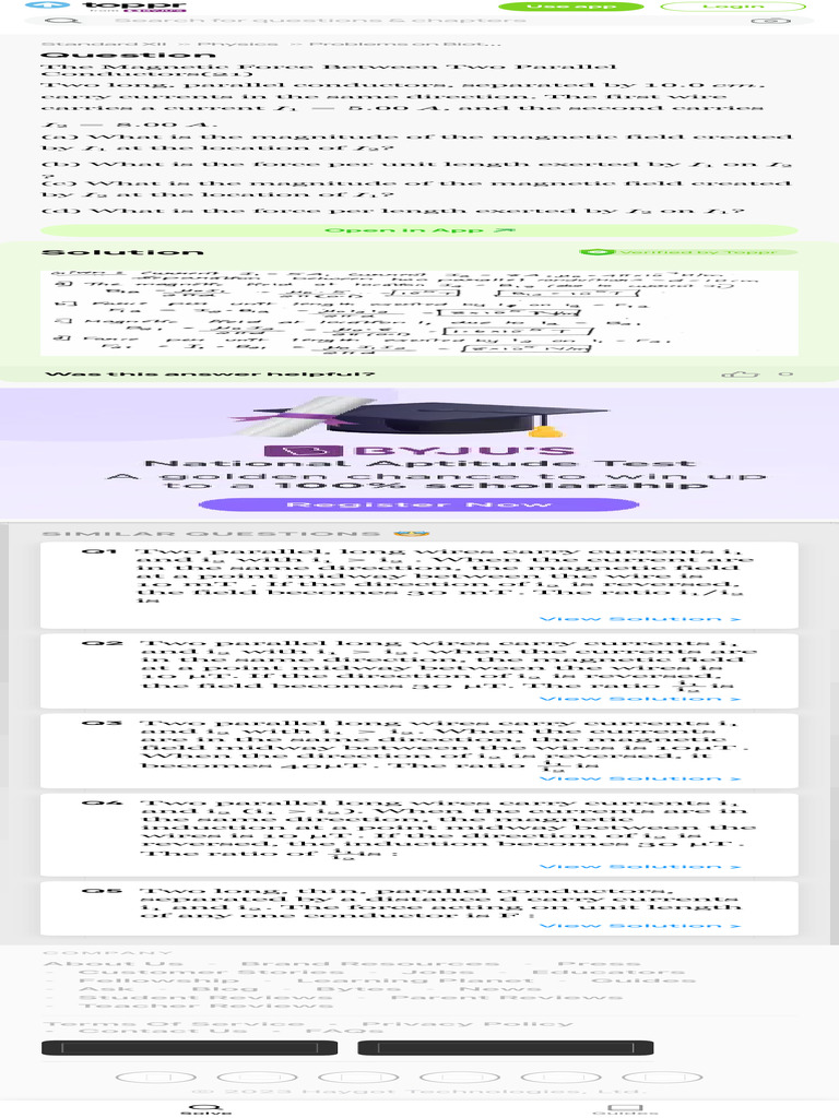 The Magnetic Force Between Two Parallel Conductors 21 Two Long Parallel Conductors Separated
