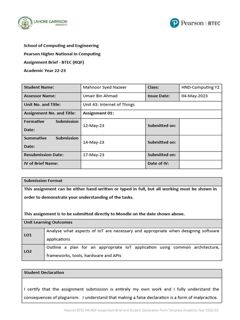 Unit 43 IOT - Assignment 01 | PDF | Internet Of Things | Computer Network