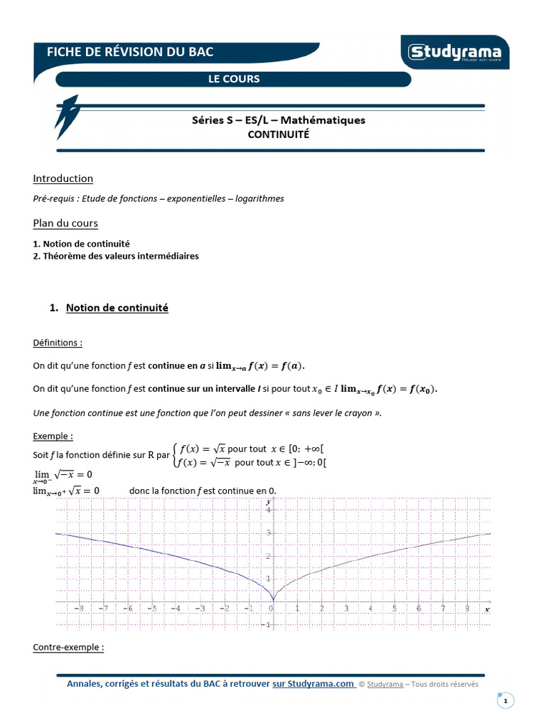 Fiche de révision : Continuité en maths | PDF | Fonction (Mathématiques ...