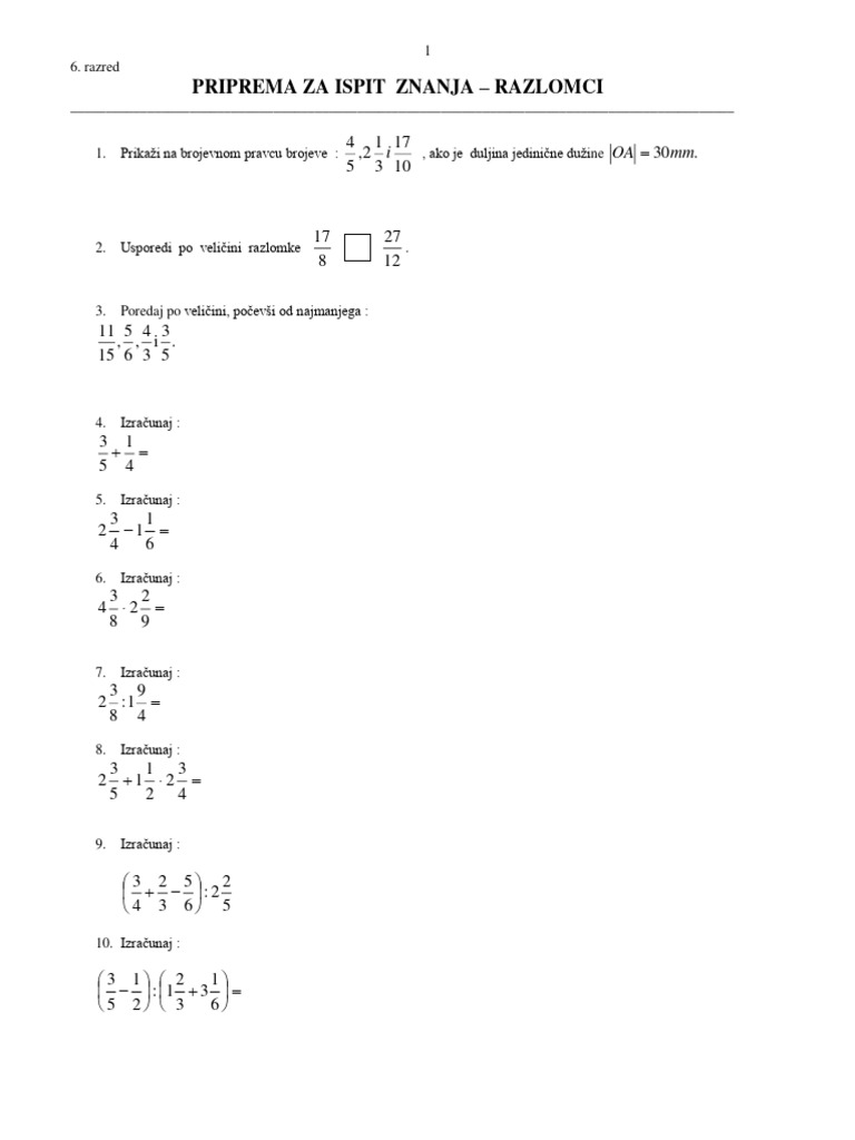 Priprema Za Ispit Znanja Razlomci 1 | PDF