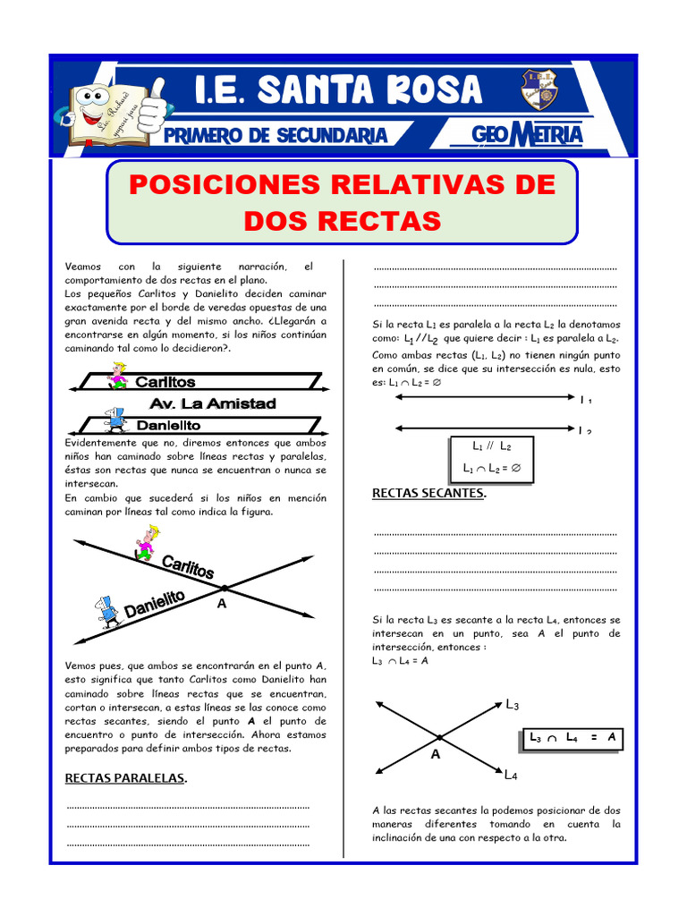 Posiciones Relativas de Dos Rectas para Primero de Secundaria | PDF | Perpendicular | Matemáticas