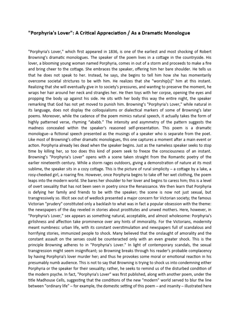 Themes and Analysis of Porphyria's Lover | PDF | Poetry | Classics