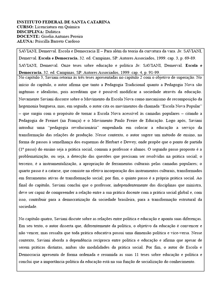 Fichamento Cap. 3 e 4 - Escola e Democracia - Priscilla | Download grátis PDF | Pedagogia ...