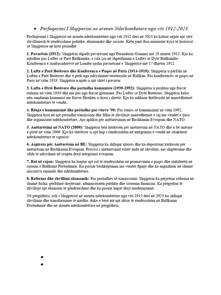 Perfaqesimi I Shqiperise Ne Arenen Nderkombetare Nga Viti 19 | PDF