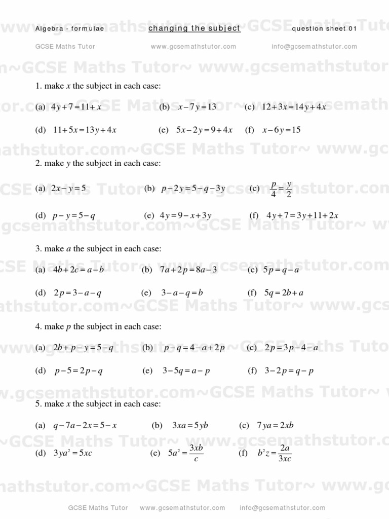 GCSE Maths Algebra - Formulae - Changing Subject | PDF | Teaching ...