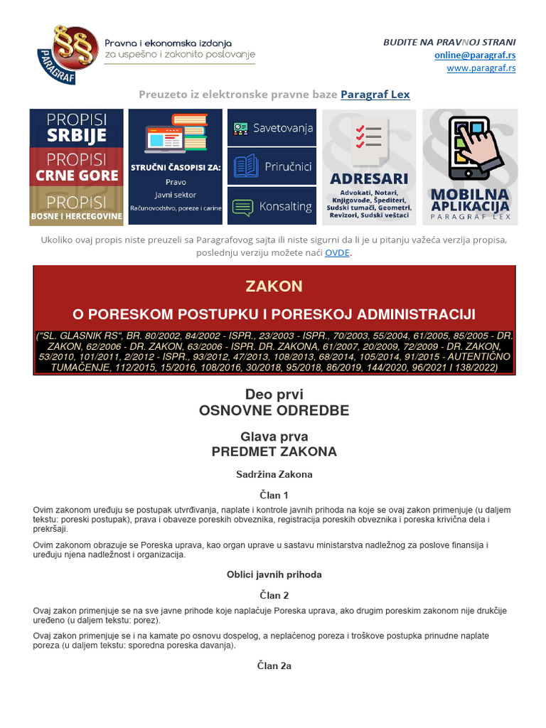 Zakon o Poreskom Postupku I Poreskoj Administraciji | PDF