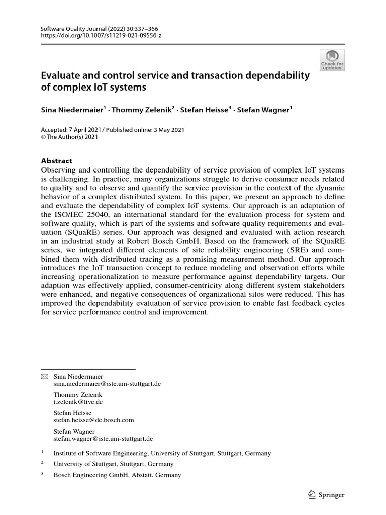 30 Evaluate and Control Service and Transaction Dependability of Complex IoT Systems | PDF ...