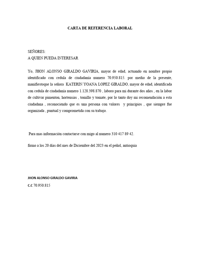 Carta de Referencia Laboral | PDF