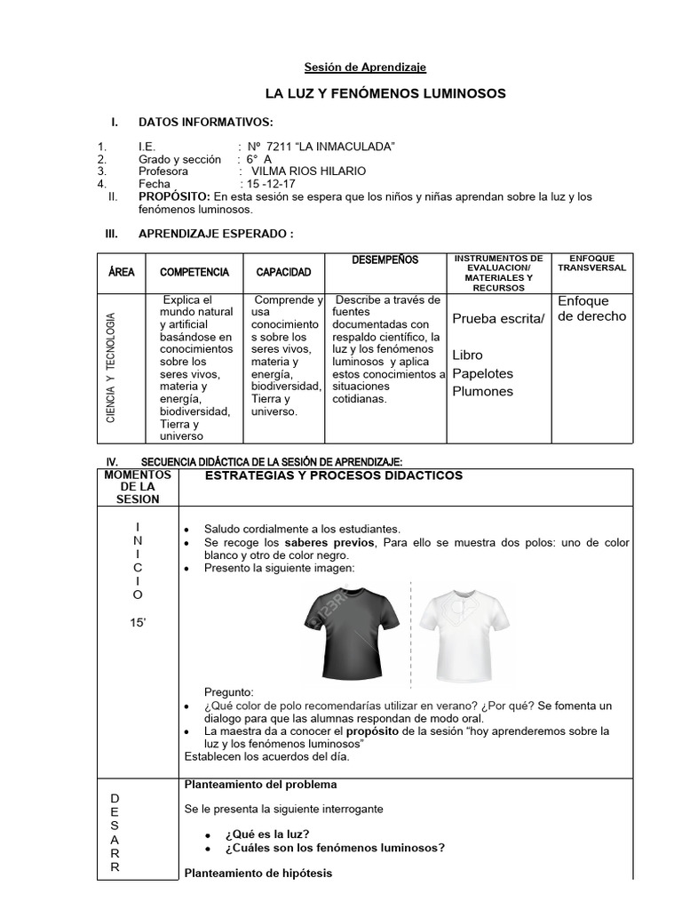 Fenómenos Luminosos en 6° Grado | PDF