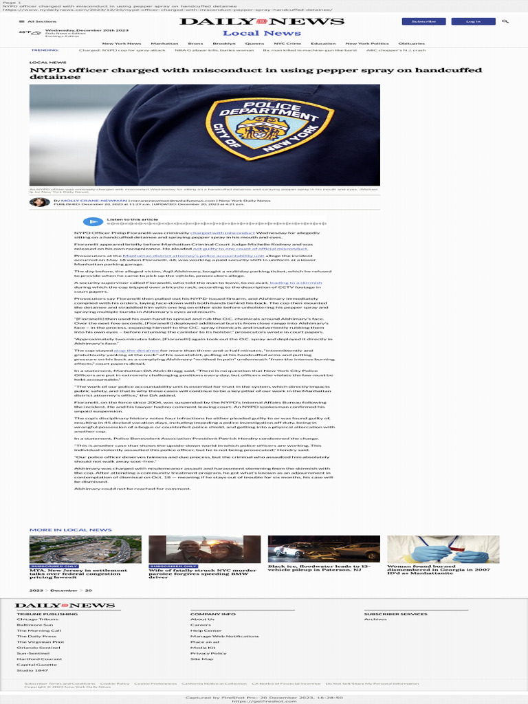 Nypd Officer Charged With Misconduct In Using Pepper Spray On Handcuf