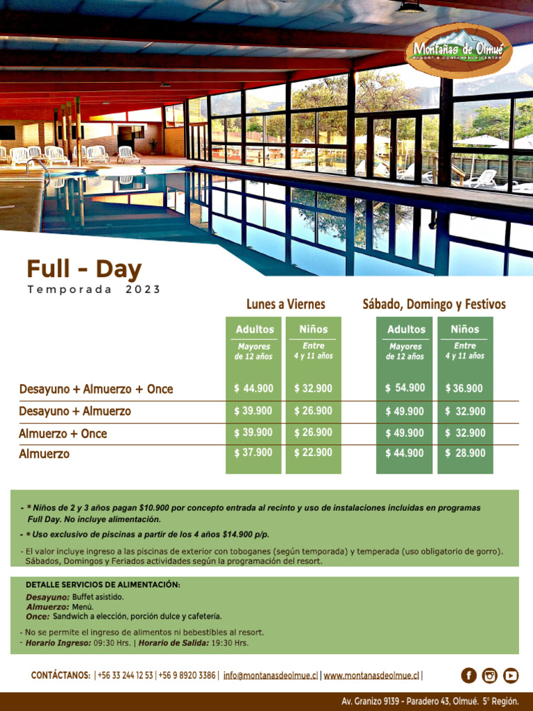 Tarifas Full Day Temporada Baja 2023 | PDF