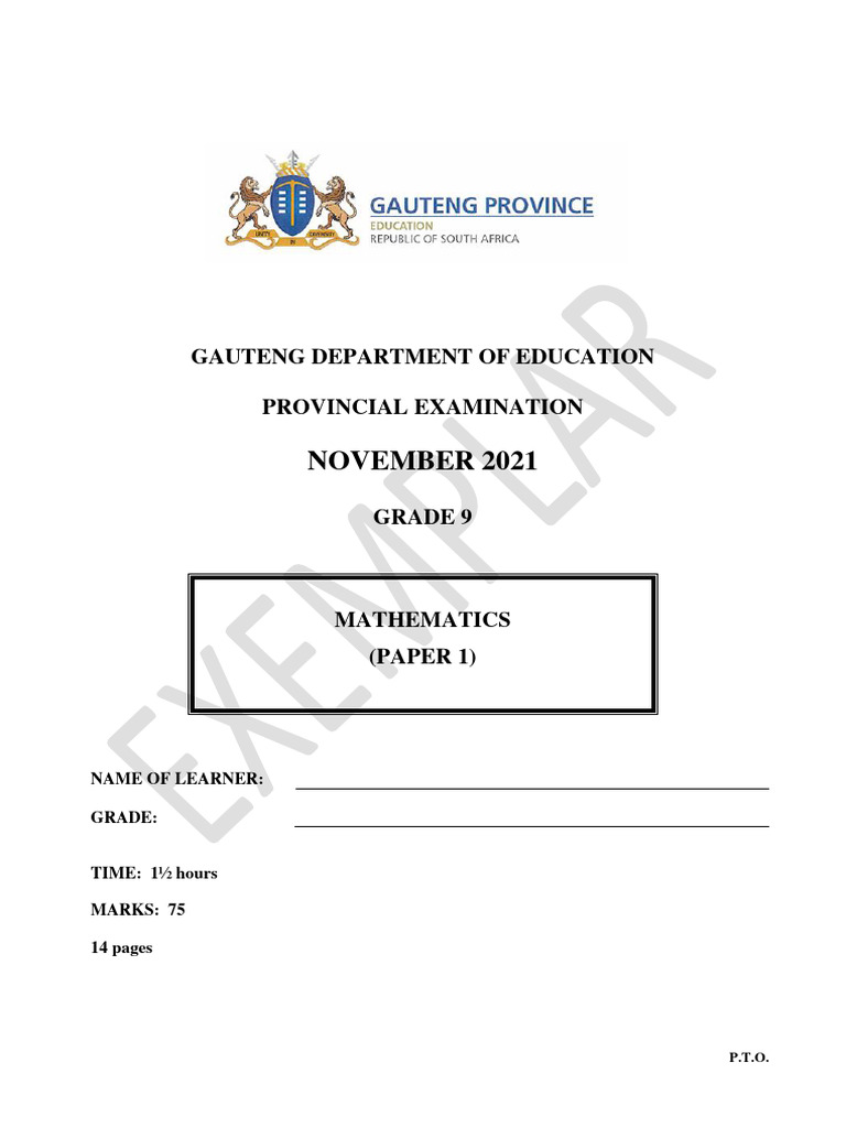 Grade 9 Provincial Examination Mathematics P1 (English) November 2021 ...