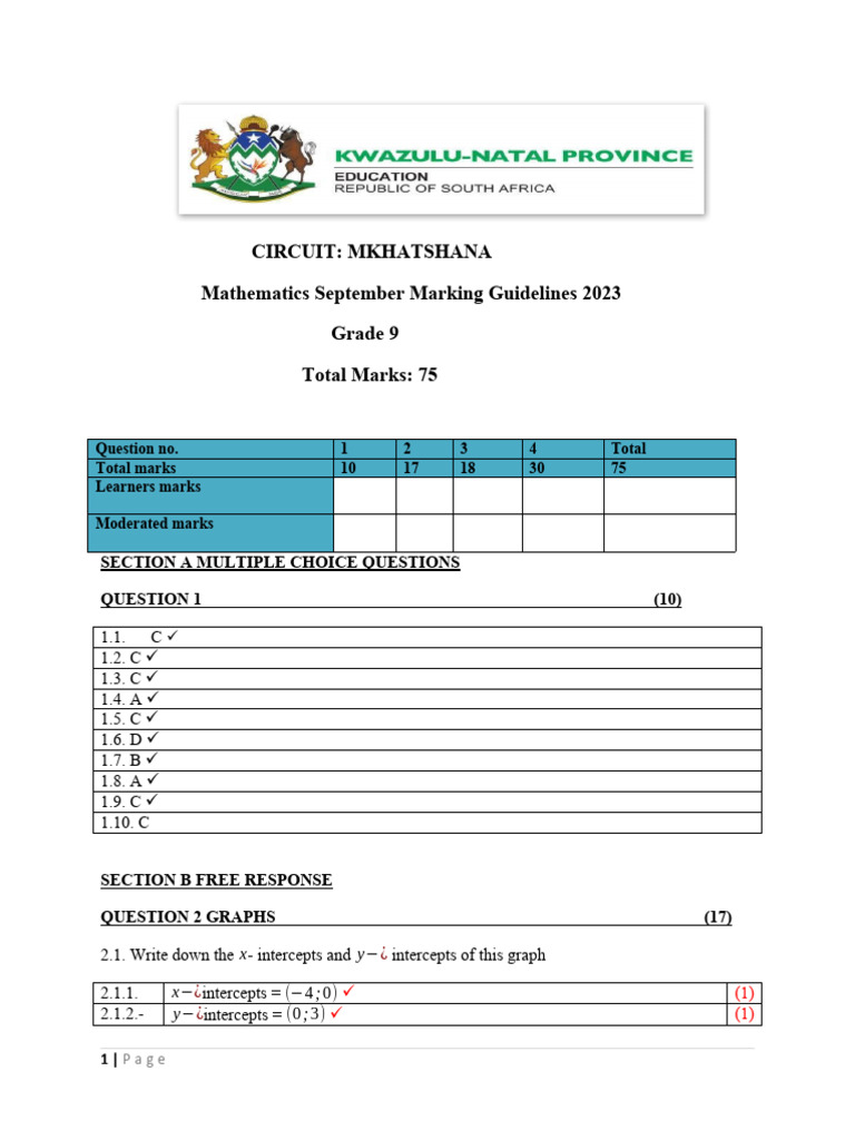 MM Circuit Grade 9 2023 Marking Guidelines | PDF | Mathematical ...