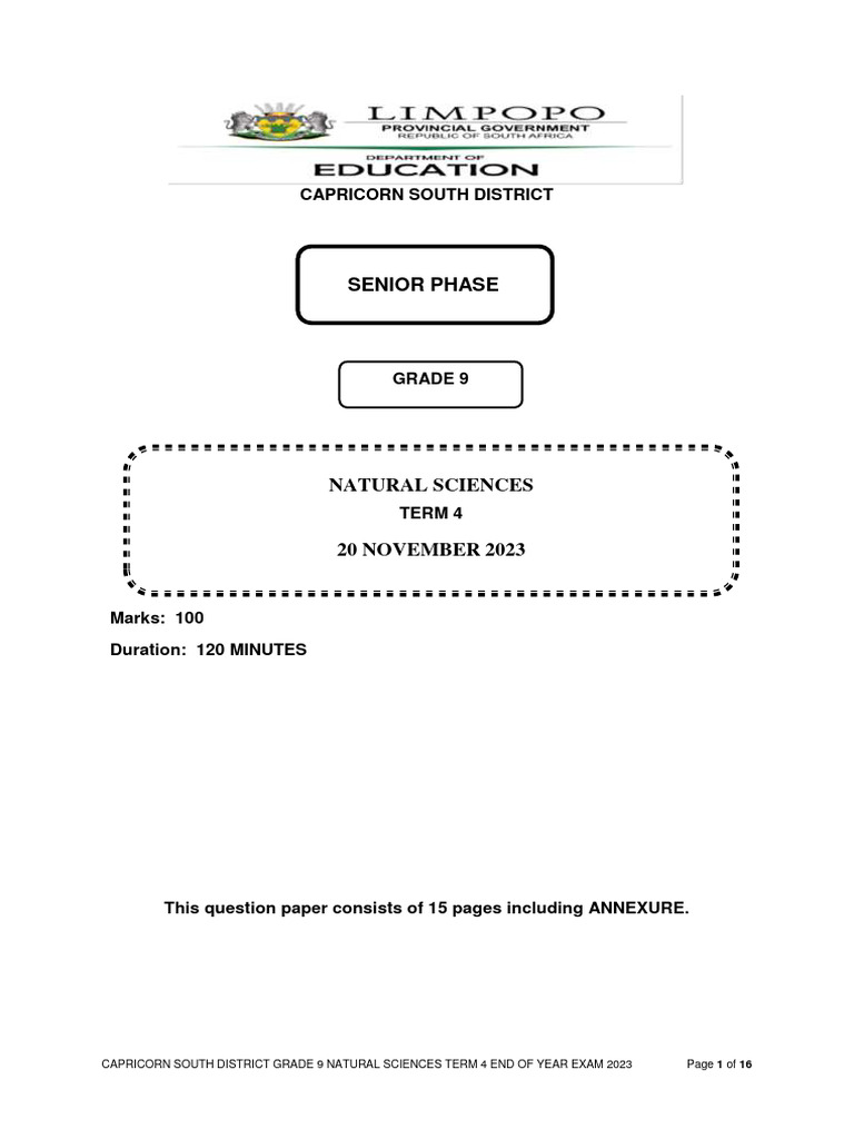 Grade 9 Natural Sciences Term 4 End of Year Exam Nov 2023 | PDF ...