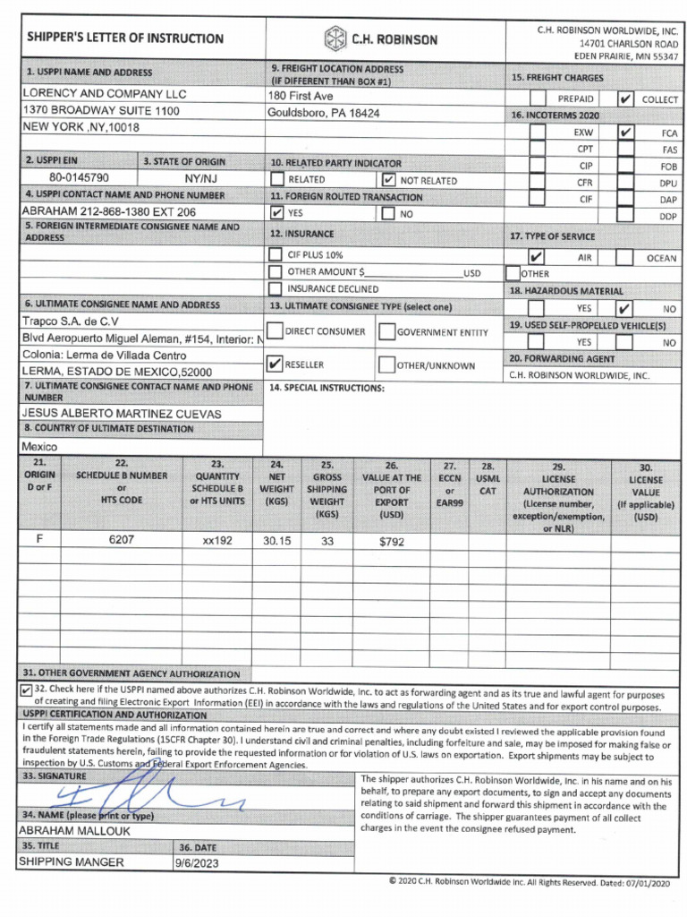 Shipper's Letter of Instruction | PDF