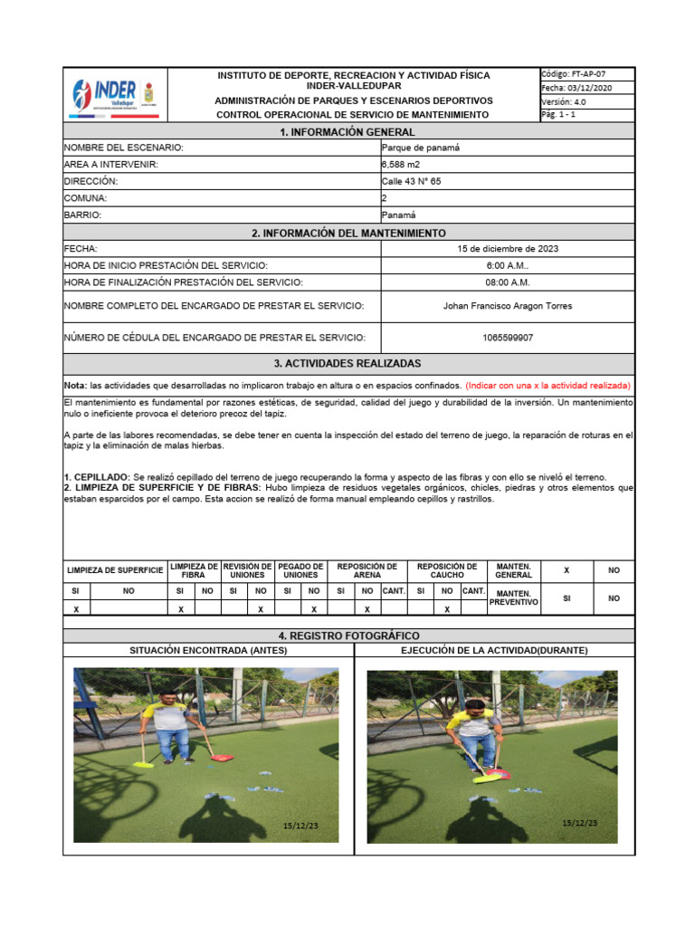 FT-AP-07 Formato de Control Operacional de Servicio de Mantenimiento ...