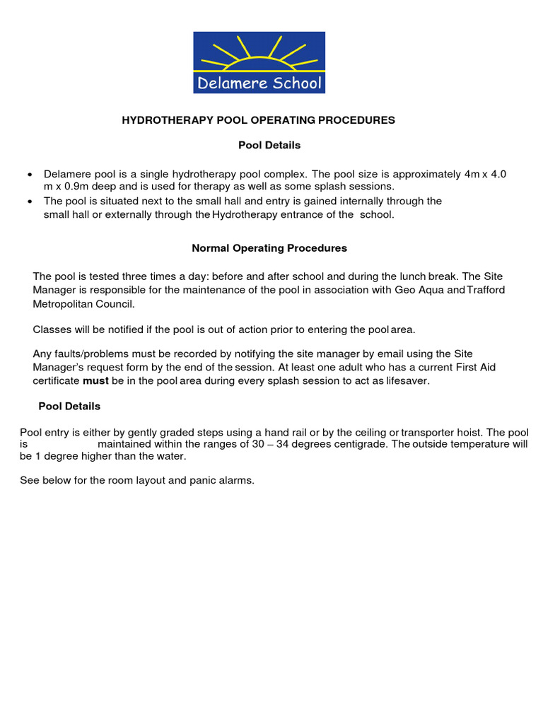 Hydrotherapy Pool Operating Procedures | PDF | Emergency | First Aid