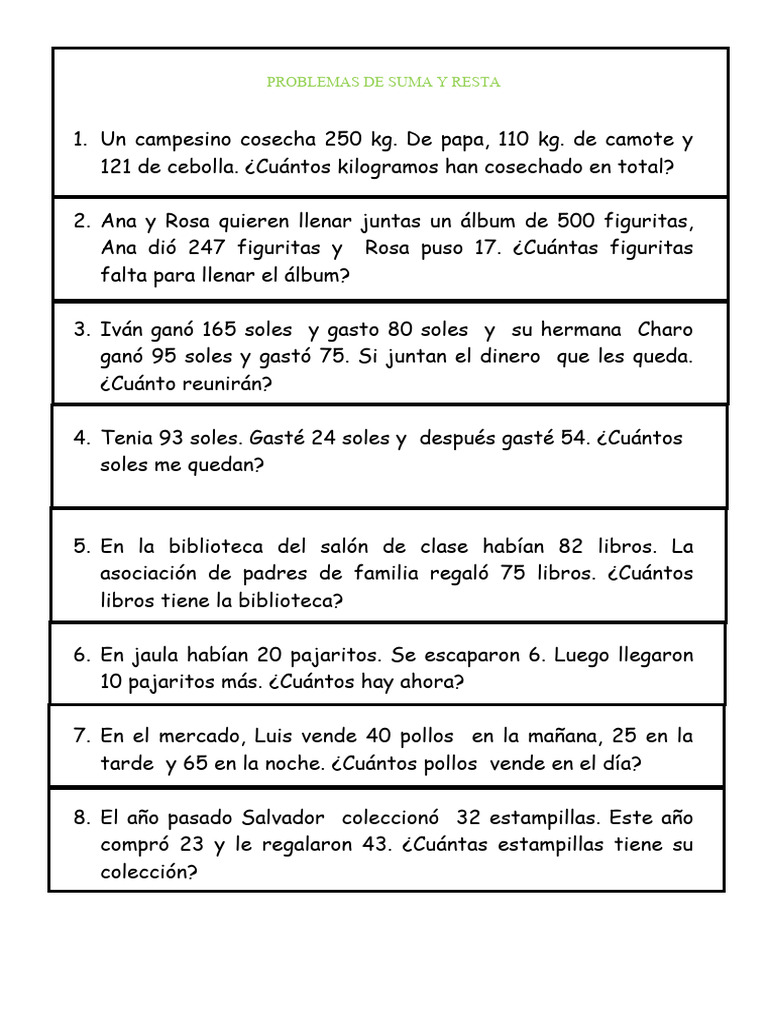 Problemas Suma y Resta 2do Grado | PDF | Hogar, jardinería y bricolaje
