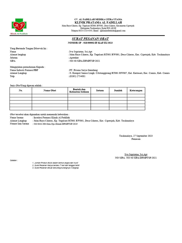 Format Surat Pesanan Obat Pdf