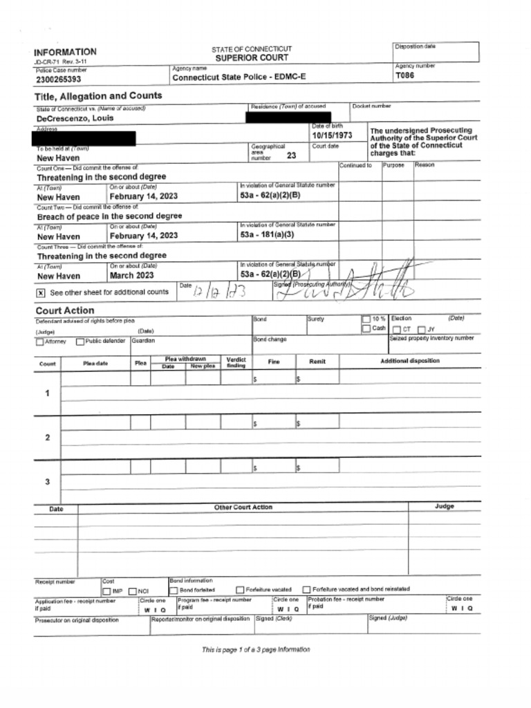 Connecticut State Police Arrest Warrant For Louis DeCrescenzo | PDF